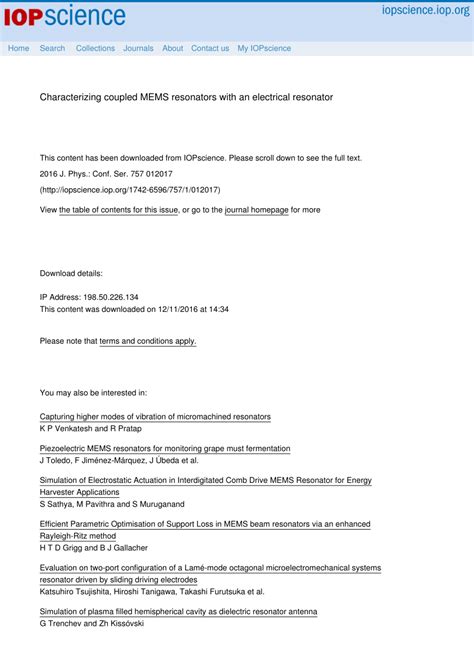 Pdf Characterizing Coupled Mems Resonators With An Electrical Resonator