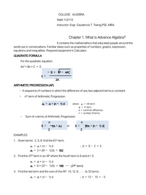College Algebra Sequences And Formulas Pdf Quadratic Equation