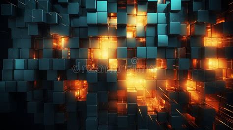 3d Rendering Of A Cube Wall With Fire Coming Out Of It Stock