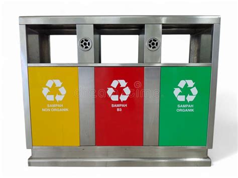 Three Section Recycling Bin For Waste Management In Urban Areas Stock
