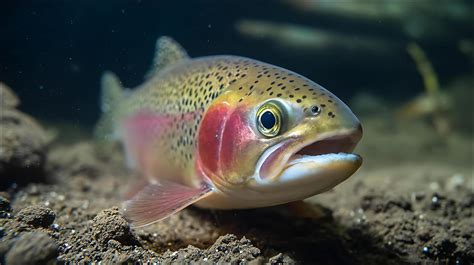 Detailed Rainbow Trout Swims Close Up Underwater In Natural Habitat