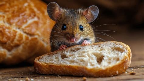 Sweet Little Mouse Enjoying A Slice Of Fresh Bread On A Rustic Wooden