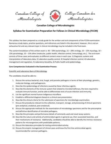 Fccm Clinical Microbiology Exam Syllabus