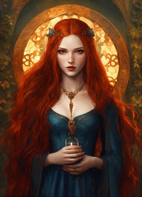 Lexica - A portrait of a beautiful redhead vampire, Symmetrical face, red eyes, long red hair ...