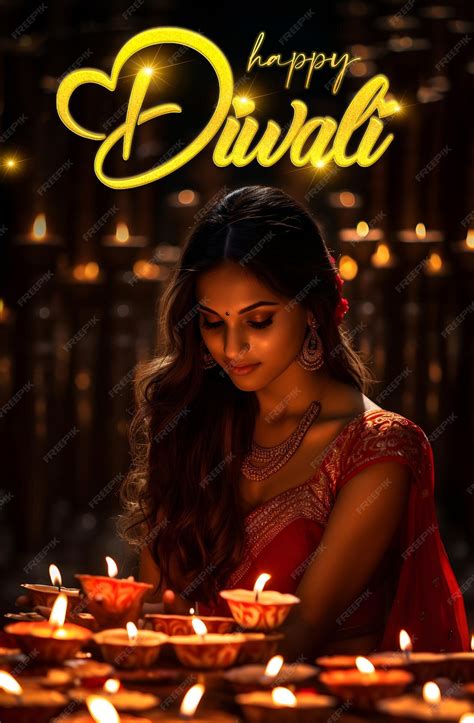 Premium Psd Psd Beautiful Hindu Indian Women Lightening Diya On Diwali Day With Text Happy