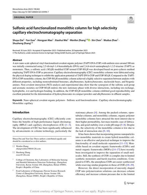 Sulfonic Acid Functionalized Monolithic Column For High Selectivity