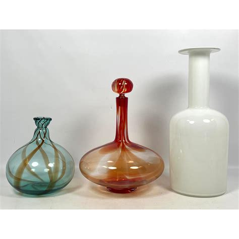 At Auction 3pcs Art Glass Blenko Glass Charisma Decanter Stoppered Bottle And Vase Otto