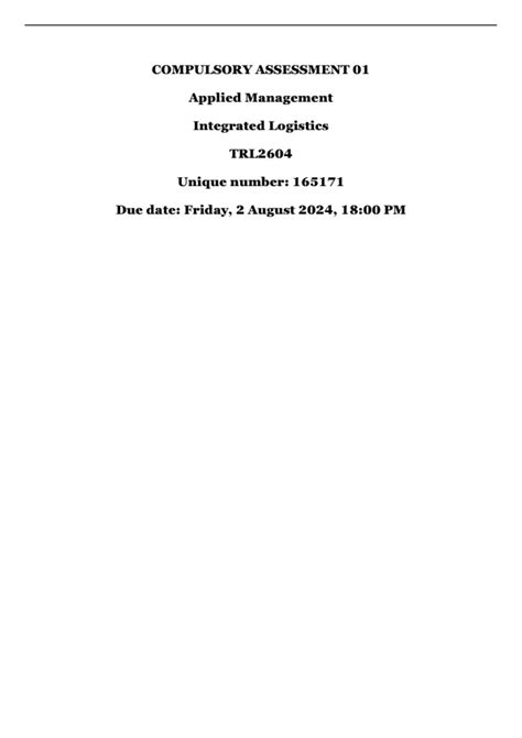 Trl2604 Compulsory Assignment 1 S2 2024 Integrated Logistics Trl2604