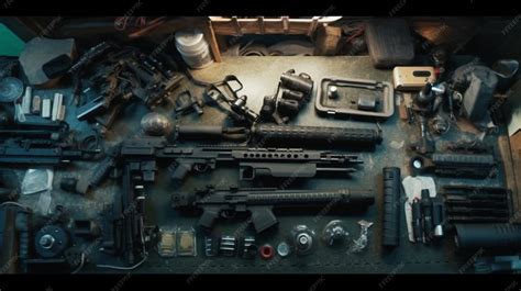 Premium Ai Image A Table Full Of Weapons Including A Gun A Gun And