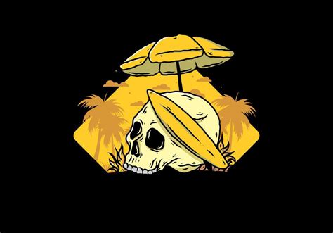 Ilustración De Calavera Con Tabla De Surf Bajo Sombrilla De Playa