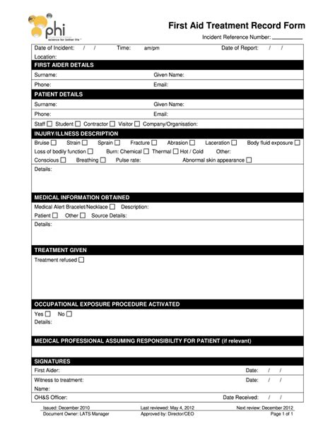 First Aid Treatment Record Form Fill Out And Sign Printable Pdf