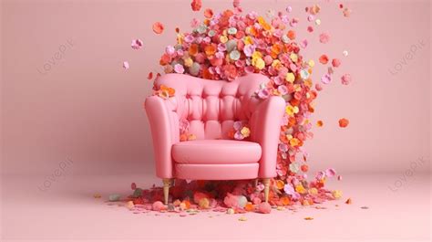 화려한 꽃으로 장식된 3d 렌더링된 분홍색 안락의자가 있는 파스텔 핑크색 배경 화려 배경 홍색 배경 포스터 프레임 배경 이미지 Hd 화려 홍색 포스터 프레임 배경