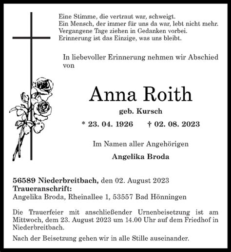 Traueranzeigen Von Anna Roith Rz Trauer De