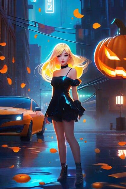 Halloween Dreams Pose Dynamique Dune Fille Animée Coréenne En Robe à
