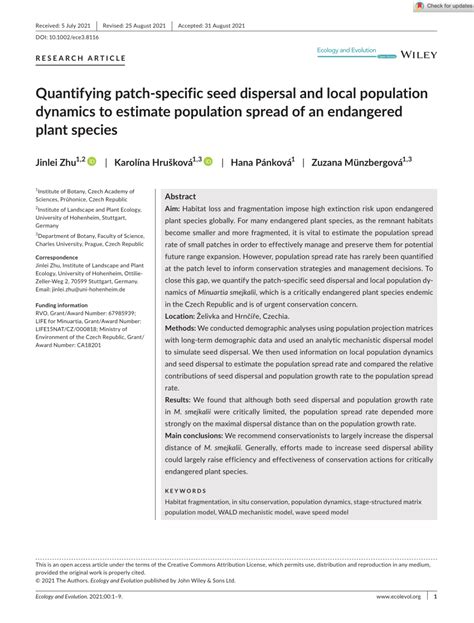 Pdf Quantifying Patch Specific Seed Dispersal And Local Population Dynamics To Estimate