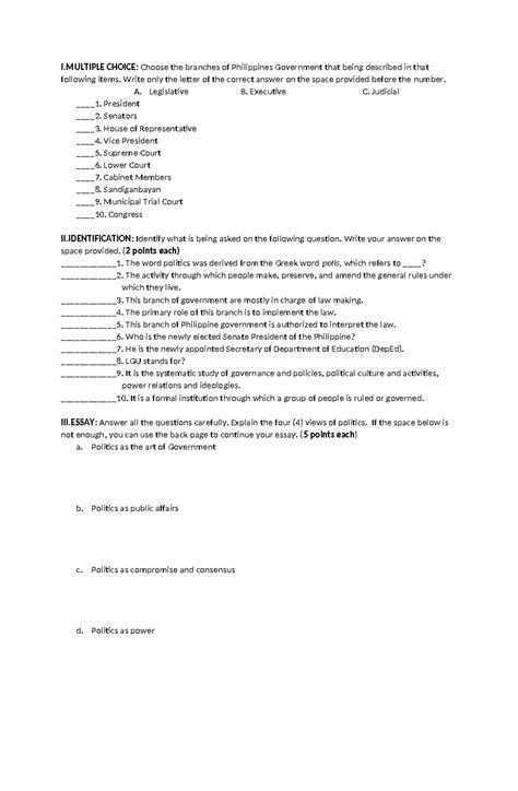 Ppg 1st Prelim Exam I Choice Choose The Branches Of Philippines Government That Being