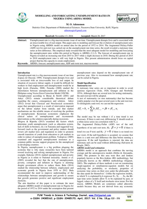 Pdf Modelling And Forecasting Unemployment Rates In Nigeria Using Arima Model