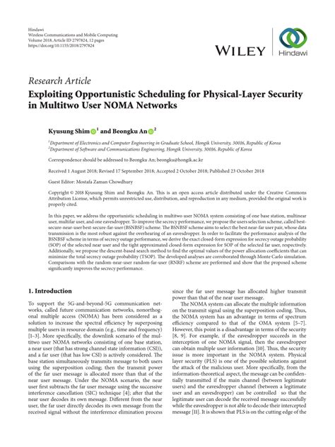 Pdf Exploiting Opportunistic Scheduling For Physical Layer Security In Multitwo User Noma Networks