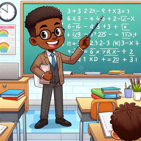 Cheerful Cartoon Teacher Conducting A Math Lesson In A Colorful