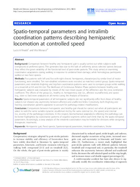 Pdf Spatio Temporal Parameters And Intralimb Coordination Patterns Describing Hemiparetic