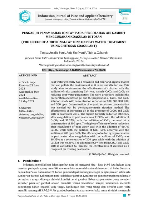 Pdf Pengaruh Penambahan Ion Ca2 Pada Pengolahan Air Gambut Menggunakan Koagulan Kitosan The