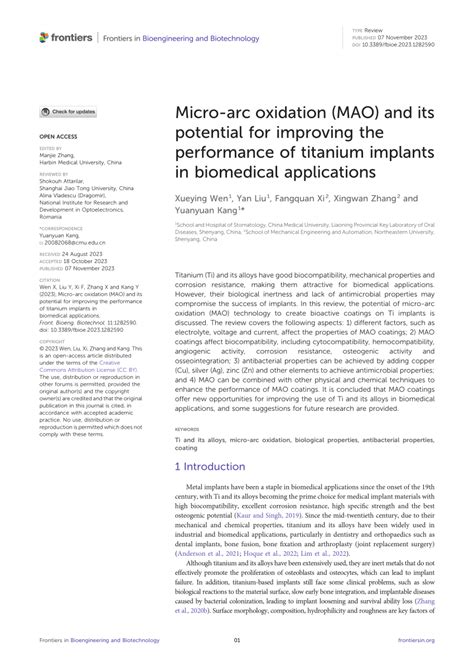 Pdf Micro Arc Oxidation Mao And Its Potential For Improving The Performance Of Titanium