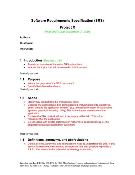 Ieee Software Requirement Specification Template Guide Srs Document