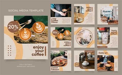 소셜 미디어 템플릿 배너 블로그 커피 판매 프로모션 완전히 편집 가능한 인스 타 그램 및 페이스 북 사각 포스트 프레임 퍼즐 유기농 판매 포스터 음료 및 음료 벡터 배경