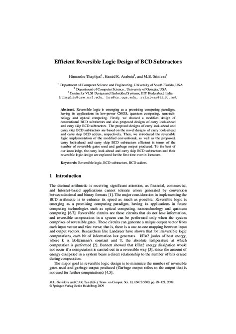 Pdf Efficient Reversible Logic Design Of Bcd Subtractors
