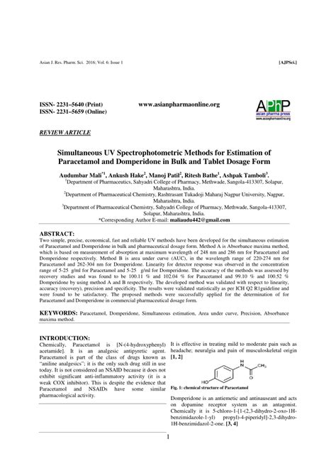 Pdf Simultaneous Uv Spectrophotometric Methods For Estimation Of Paracetamol And Domperidone