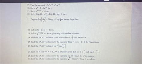 Solved 17 Find The Zeros Of 3xe 3xe 18 Solve E 2 8e