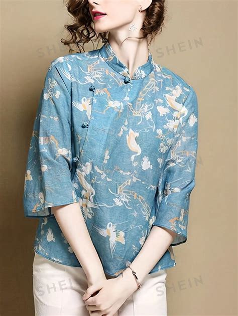 Floral Print Mandarin Collar Blouse Shein Uk