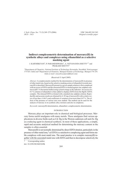 Pdf Indirect Complexometric Determination Of Mercuryii In Synthetic