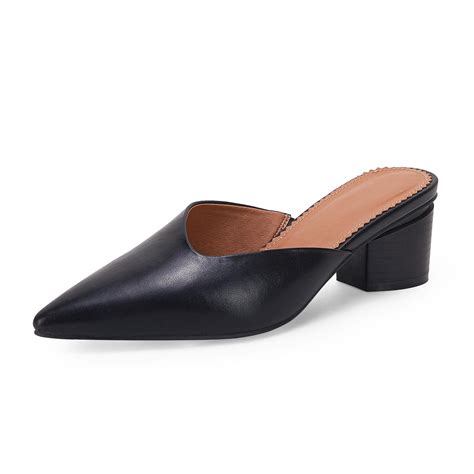 Coutgo Womens Pointed Toe V Cut Mules Chunky Block Heels Slip On Clogs
