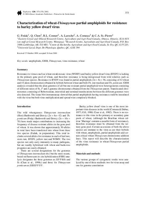 Pdf Characterization Of Wheat Thinopyrum Partial Amphiploids By
