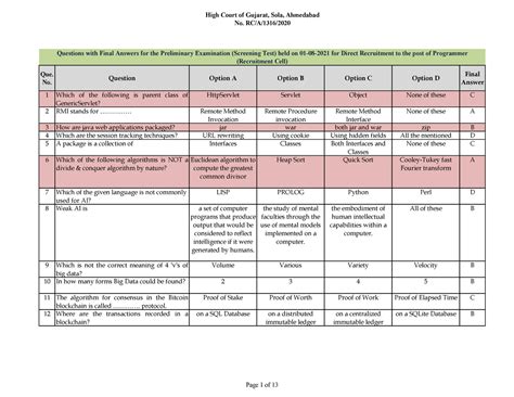 Answer Key Programmer 2021 No Rca1316 Que No Question Option A