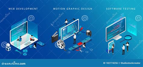 Isometric 3d Web Development Video Edit And Software Testing Concept