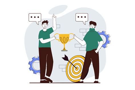 웹을 위한 플랫 디자인에서 사람들 장면과 팀워크 개념 남자들은 팀으로 일하고 프로젝트에 협력하고 골든 컵 트로피를 획득합니다