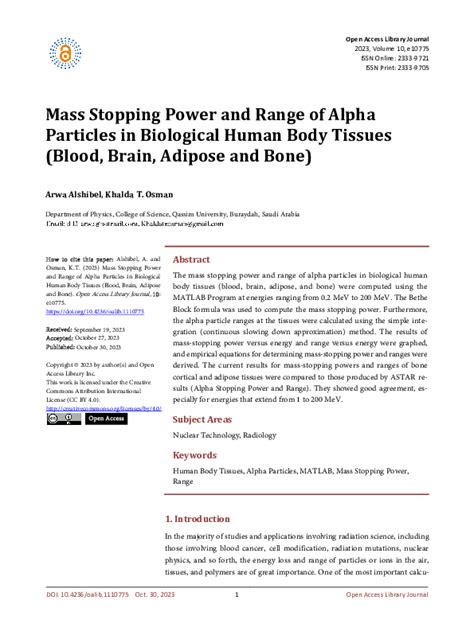 Pdf Mass Stopping Power And Range Of Alpha Particles In Biological