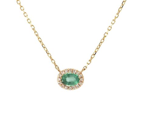 14k Yellow Gold Oval Emerald With Diamonds Necklace Etsy