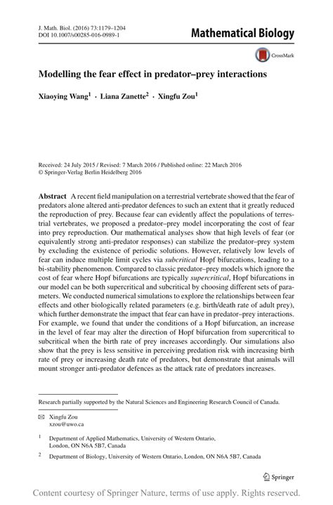 Modelling The Fear Effect In Predatorprey Interactions Request Pdf