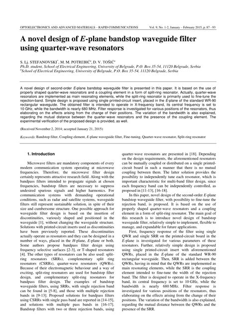 Pdf A Novel Design Of E Plane Bandstop Waveguide Filter Using Quarter