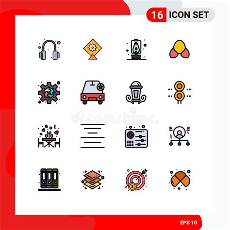 Pictogram Set Of 16 Simple Flat Color Filled Lines Of Car Plugin Beach Piece Connect Stock