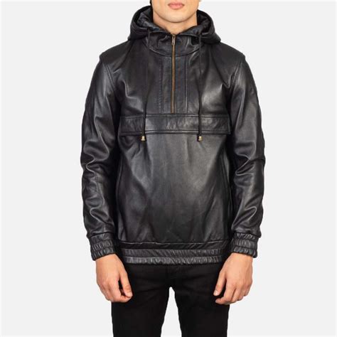 Kenton Hooded Black Leather Pullover Jacket Made In Brown