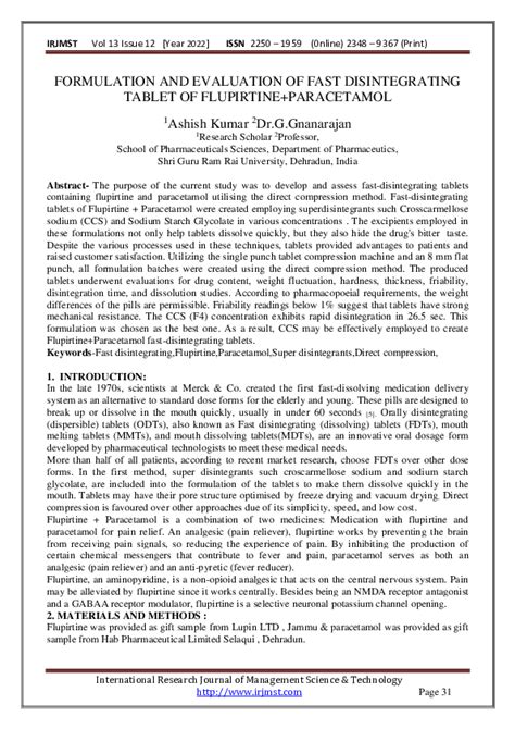 Pdf Formulation And Evaluation Of Fast Disintegrating Tablet Of Flupirtineparacetamol 1