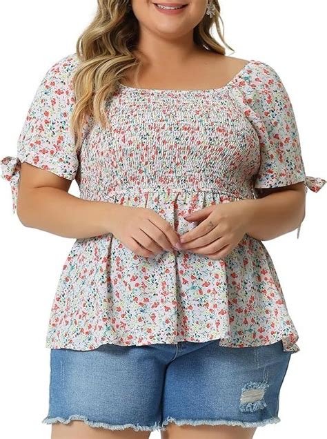 Agnes Orinda Plus Size Summer Tops For Women Square Neck Smocked Bow