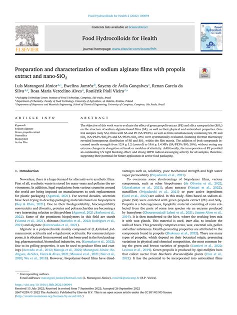 Pdf Preparation And Characterization Of Sodium Alginate Films With Propolis Extract And Nano Sio2