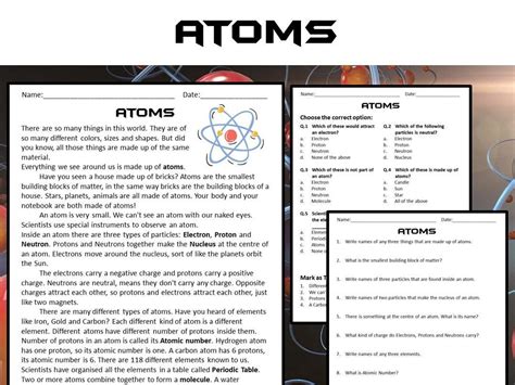 Atoms Reading Comprehension Worksheet Reading Comprehension Worksheets