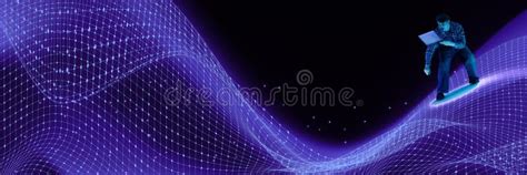 Man Riding Luminous Purple Network Coding On Laptop Representing Programming Advancements
