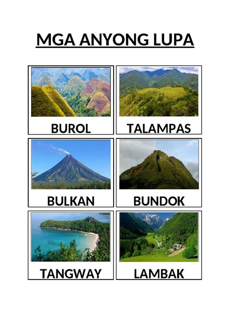 Mga Anyo Assignment Entrepreneurship Mga Anyong Lupa Burol Talampas Bulkan Bundok Tangway
